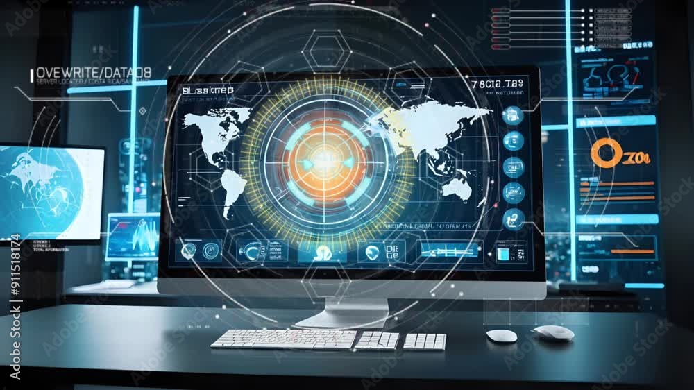 Computer screen with futuristic interface displaying world map analytics in a high-tech office ...
