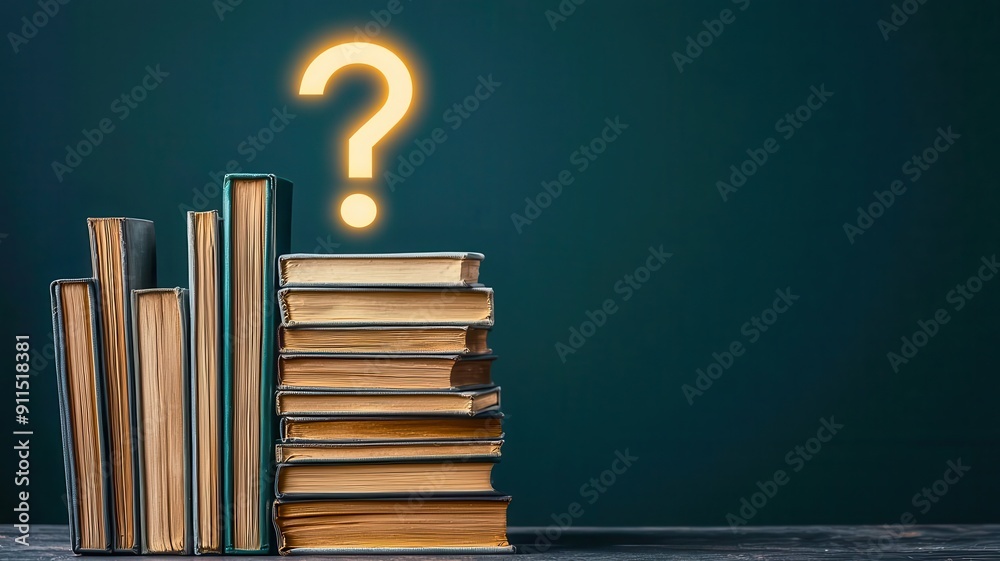A stack of books with a glowing question mark, symbolizing curiosity ...