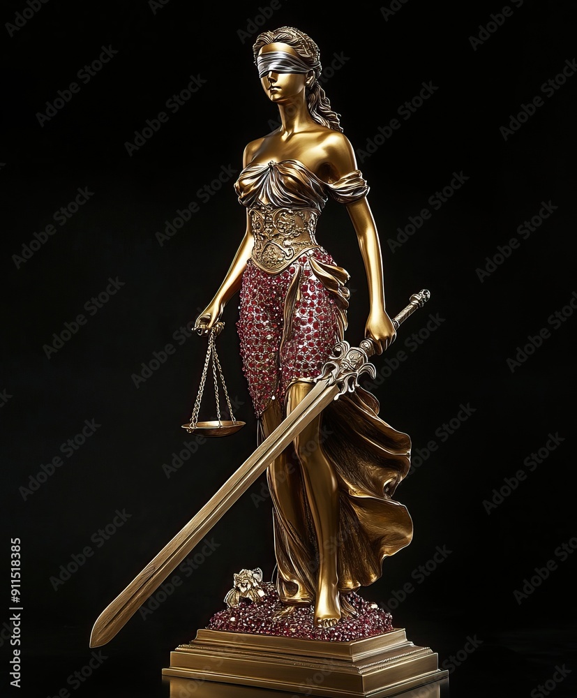 Gold statue of Lady Justice with scales and sword encrusted with red ...