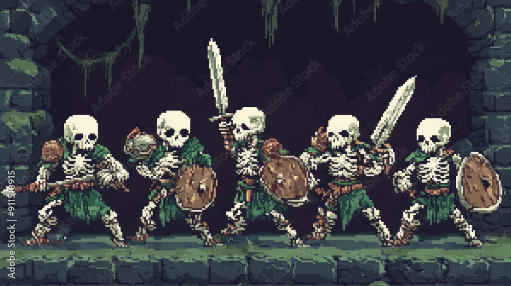 32x32 pixel art skeleton warriors in different attack and idle poses ...