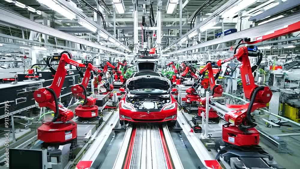 A bustling EV manufacturing plant with robotic arms assembling electric ...