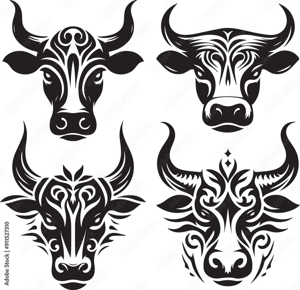 head of a bull Cow face set silhouette, tribal tattoo vector white ...