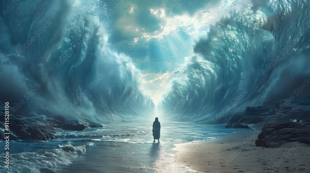A breathtaking scene of Moses parting the Red Sea with immense force ...