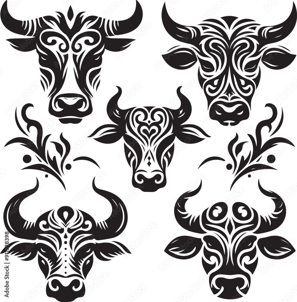 head of a bull Cow face set silhouette, tribal tattoo vector white ...
