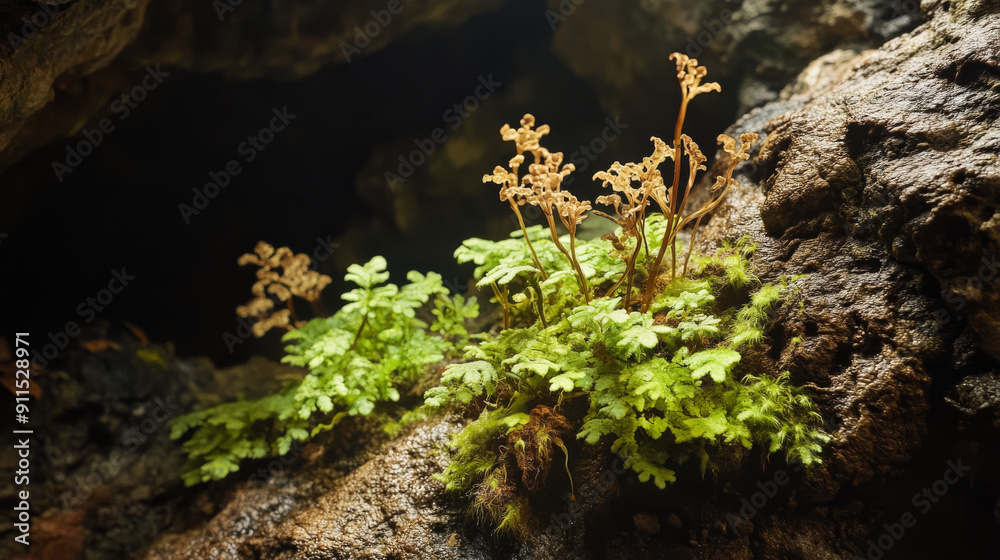 Include cave-adapted plant life like mosses, fungi, or other unique ...