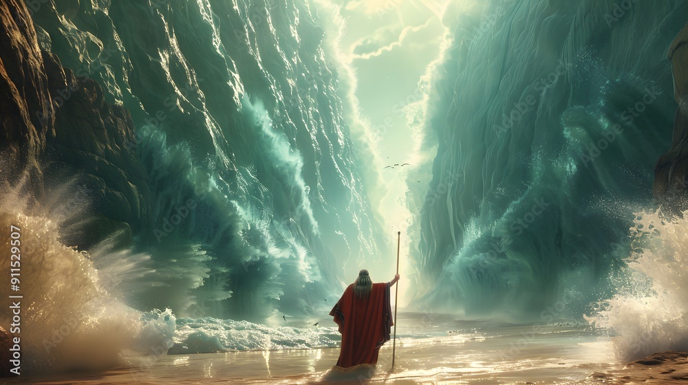 A dynamic illustration of Moses raising his staff, parting the Red Sea ...