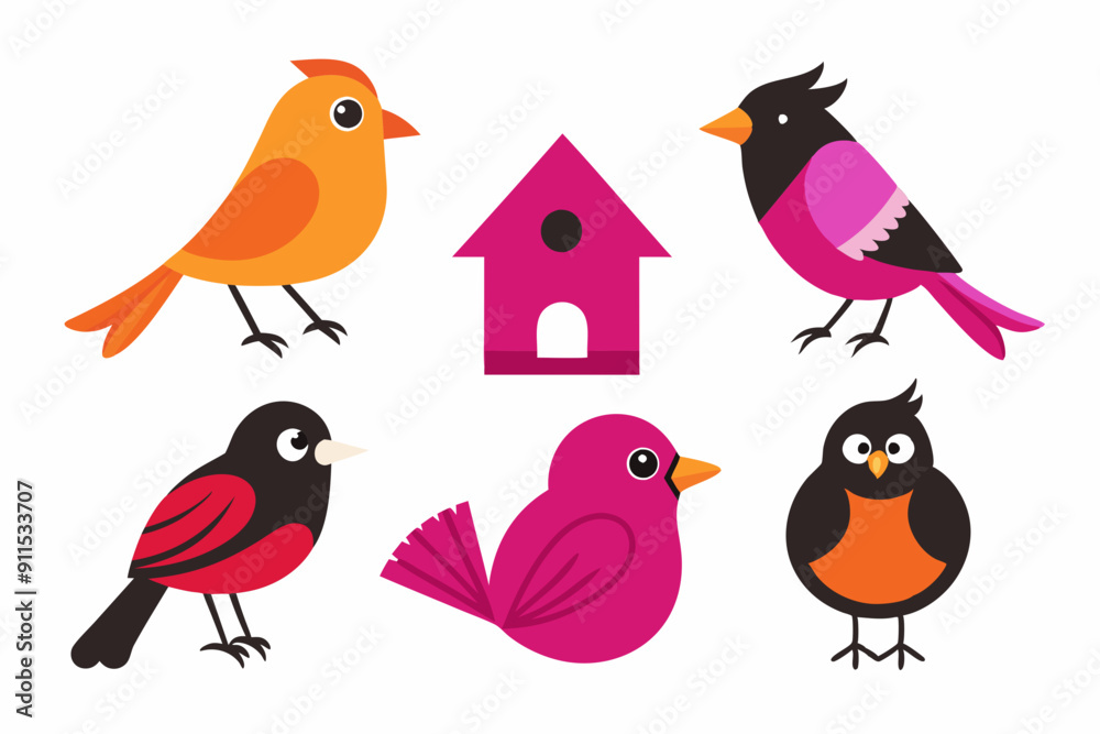 Vetor de 6 Styles of Cute Birds: American Robin, House Sparrow ...