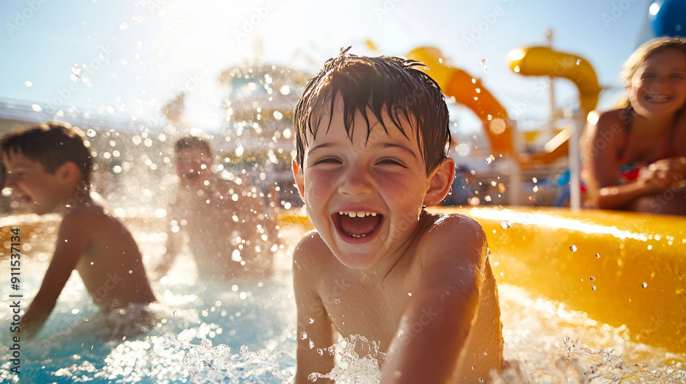 Show families having fun together, like kids playing in a splash park ...