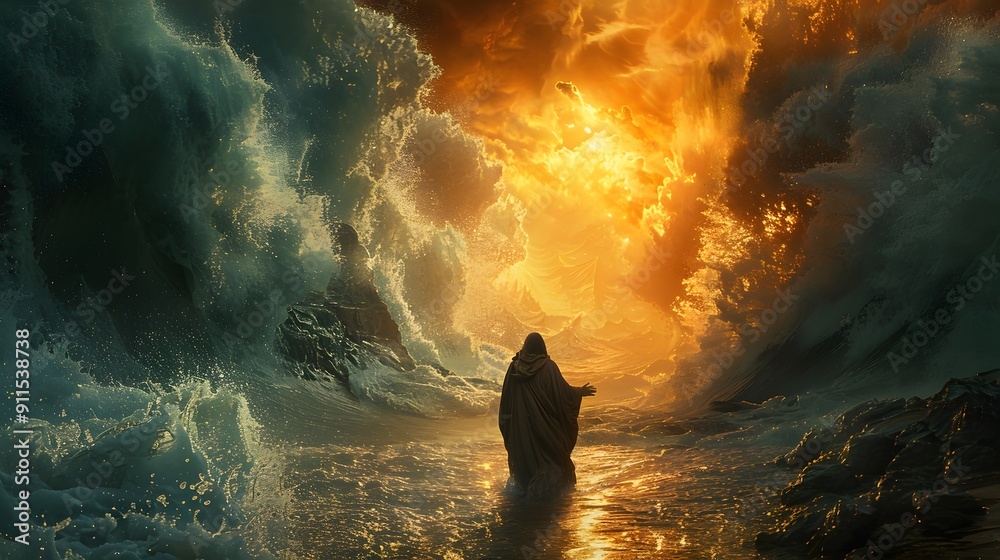 An epic scene of Moses with unwavering faith, parting the Red Sea ...