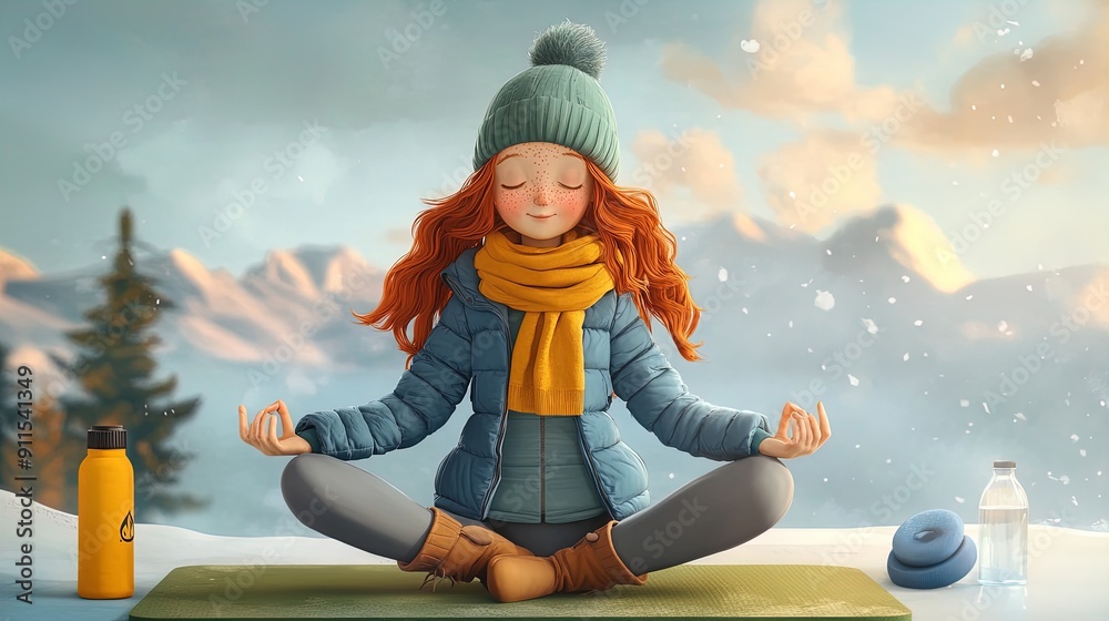 Whimsical Yoga Girl Poster: Cartoon-Style Illustration of a Wavy Auburn ...