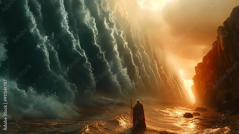 Moses standing tall, staff in hand, parting the Red Sea to reveal dry ...
