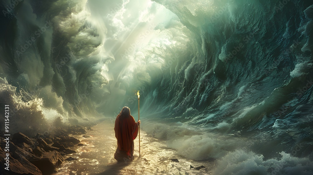 Moses stands resolute, staff glowing, parting the Red Sea, the water ...