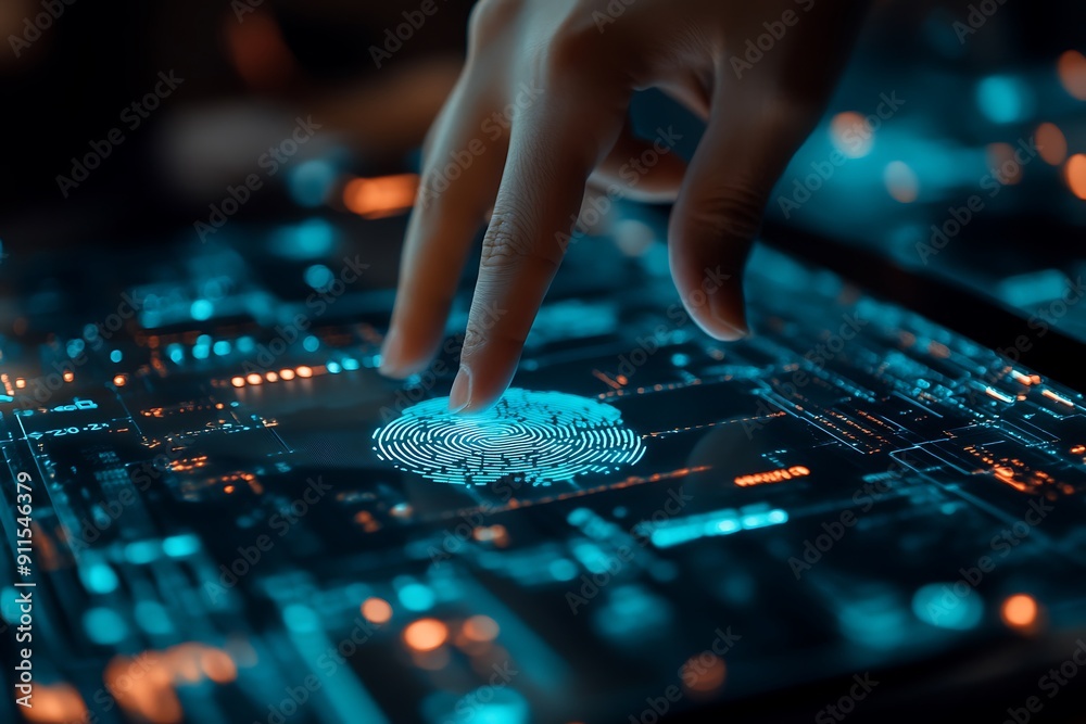 Secure Internet Banking: Person Using Digital Fingerprint Scanner for ...