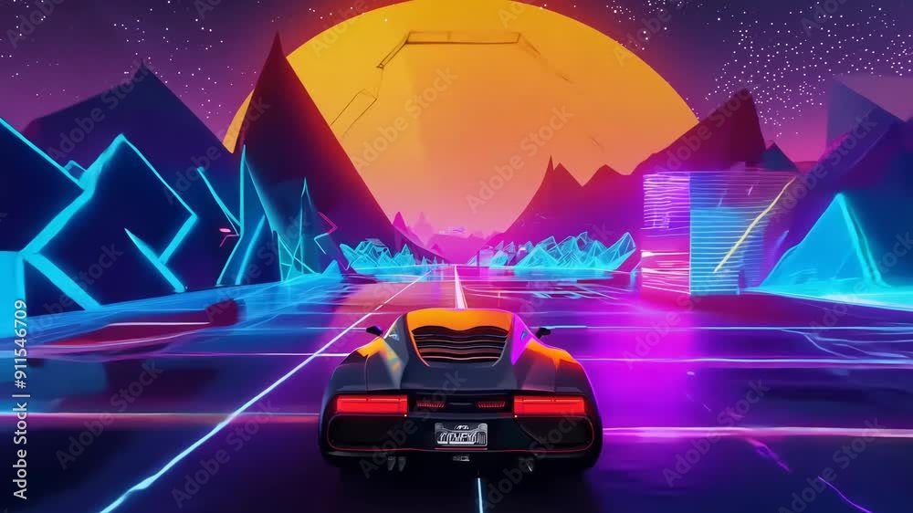 Fast car driving in 80s retro futuristic sci-fi landscape. Neon night ...