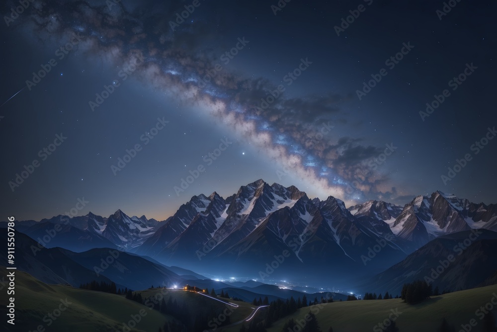 Beautiful, wide blue night sky with stars and Milky way galaxy ...