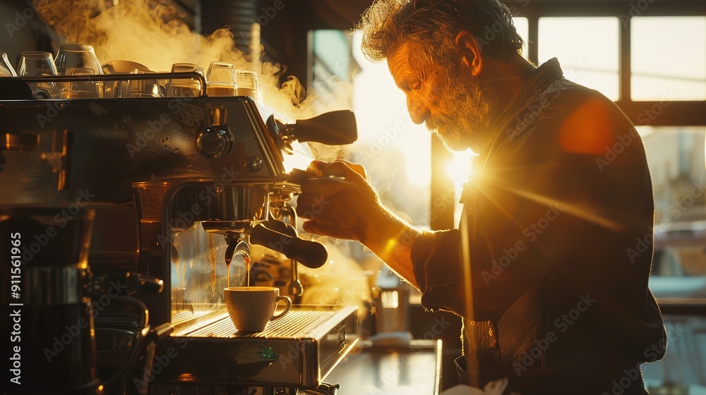vintage stylish cafe, mature man with a rugged appearance, pouring ...