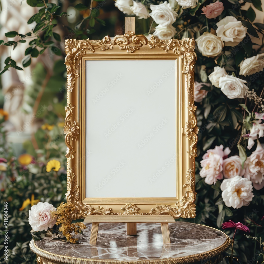 Elegant gold picture frame on easel surrounded by lush flowers, perfect ...