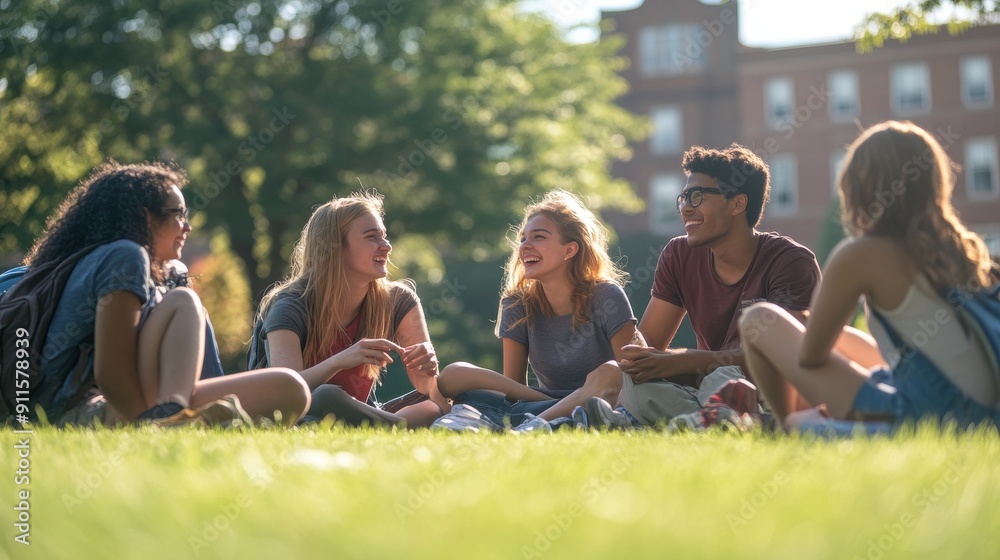 A group of first-year college students engaging in ice-breaker activities on a grassy campus ...