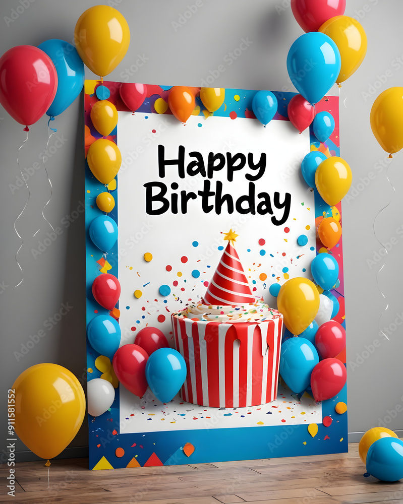 Mockup poster feliz cumpleaños y globos Stock Illustration | Adobe Stock
