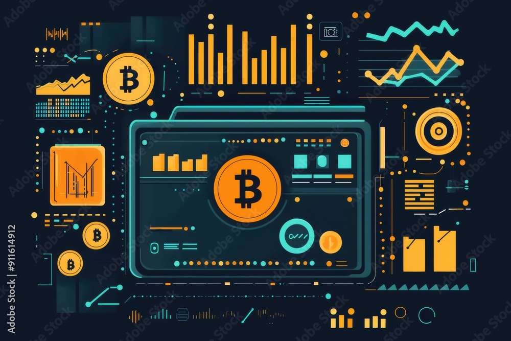 A vibrant digital illustration featuring Bitcoin symbols, charts, and ...