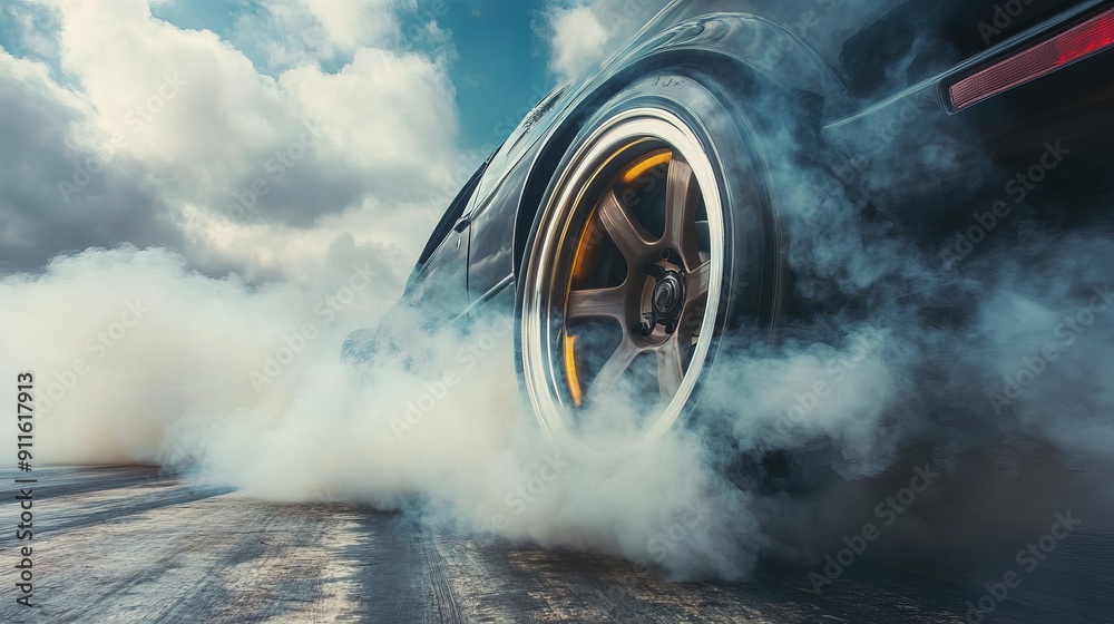Tires and car burnout wheels emit white smoke. vehicle wheel burnout ...