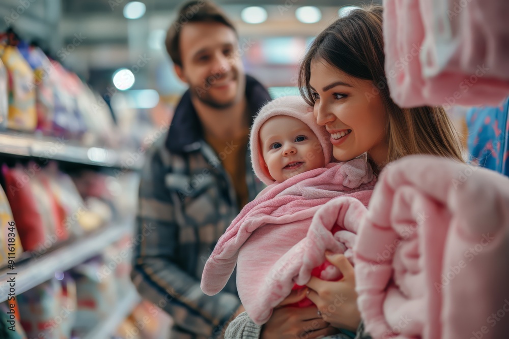 Happy family shopping together in a store aisle with parents and baby ...