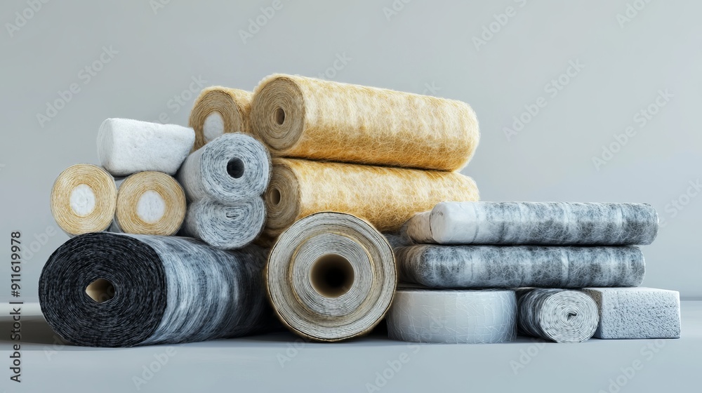 collection of insulating materials. A roll of wool insulation intended ...
