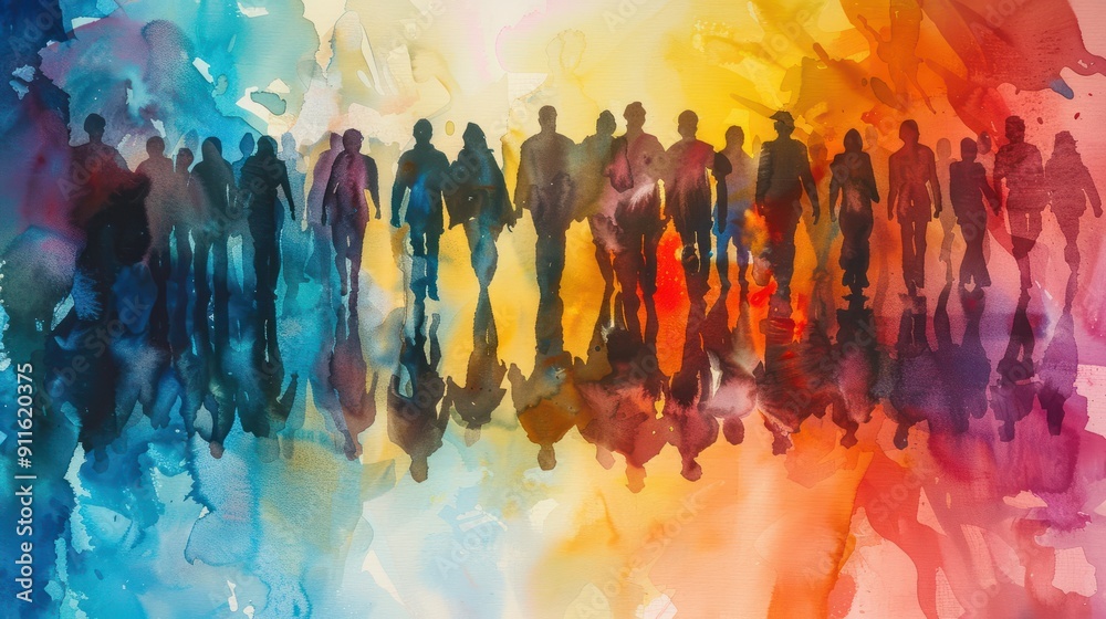 A vibrant watercolor painting captures a diverse group of people in ...