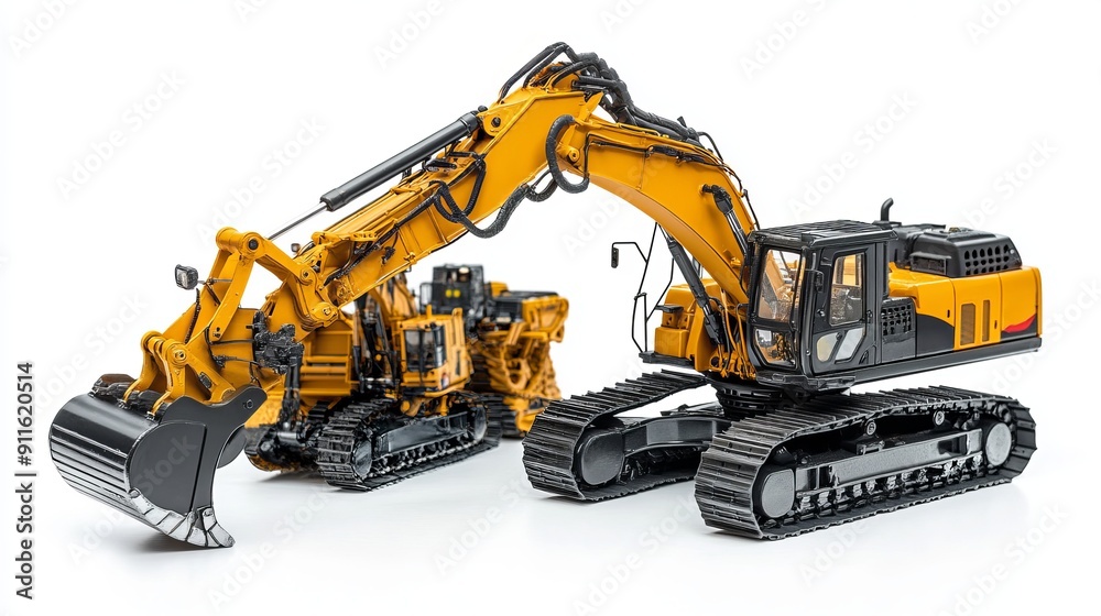 Close-up of a bulldozer loader and two crawler excavators against an ...