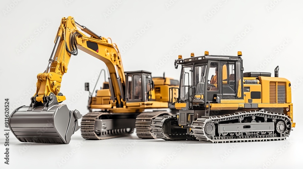 Close-up of a bulldozer loader and two crawler excavators against an ...