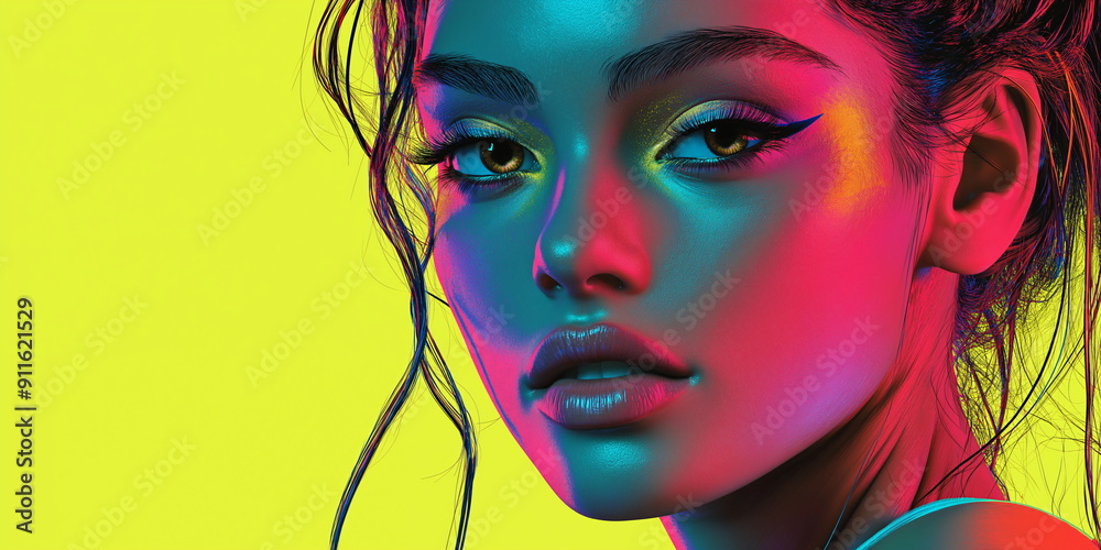 Y3K aesthetic portrait with neon split lighting. Eyeshadow and eyeliner ...