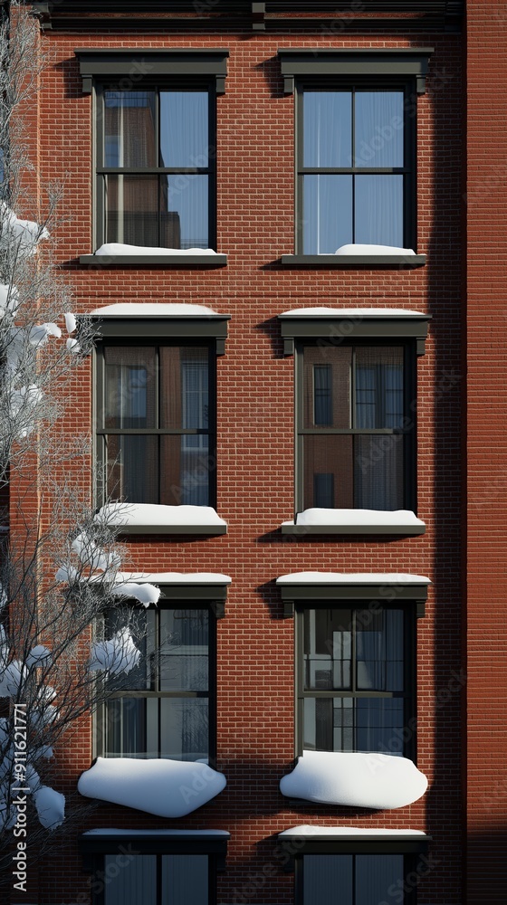 Red brick building with snow on window sills, featuring six windows and ...