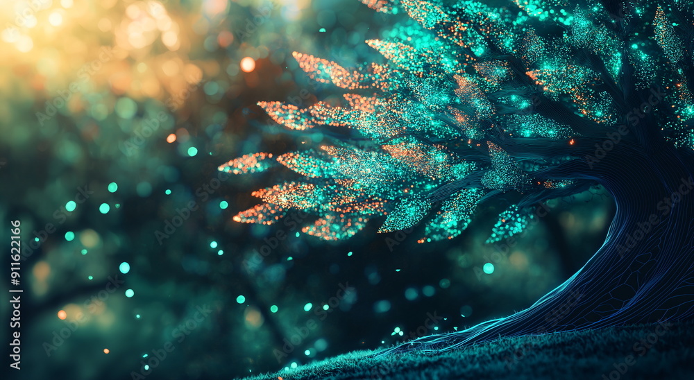 Bioluminescent tree with data particle leaves for Y3K aesthetic eco-tech visualizations ...