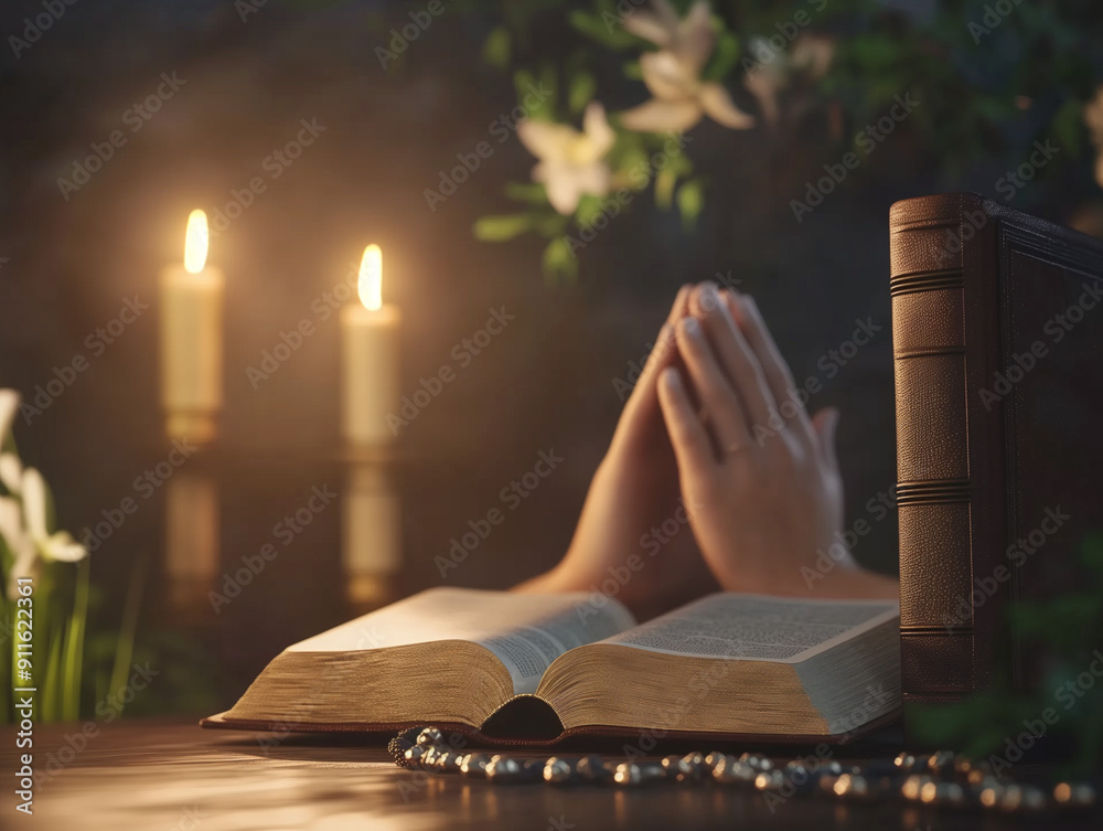 Tranquil 3D banner featuring a Bible, praying hands, and a rosary, with ...