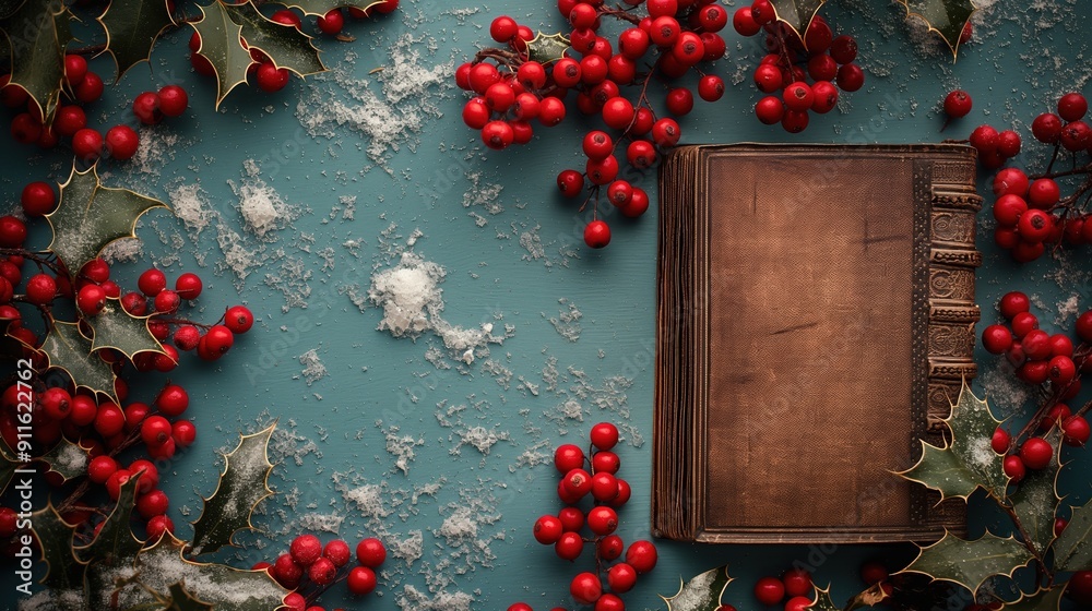 Christmas decor using a book, blank cover, greenery and textured ...