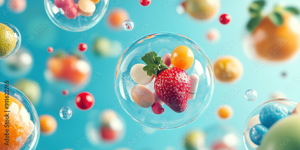 Futuristic fruit bubbles floating in turquoise space for Y3K-inspired ...