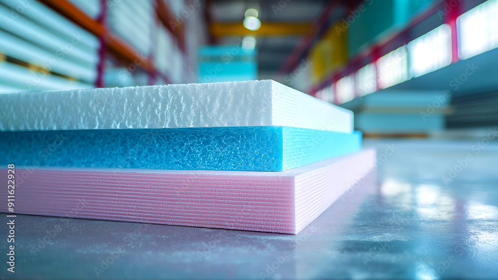 Stack of extruded polystyrene sheets or XPS in industrial warehouse ...