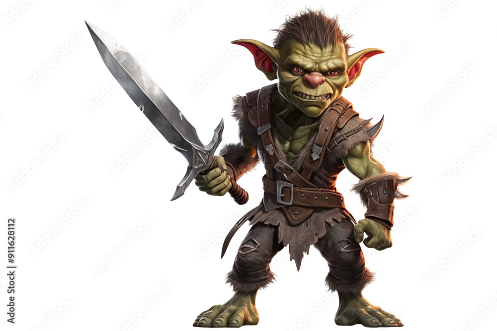 Full Body Goblin PNG isolated Sneaky Green Monster with sword on white ...