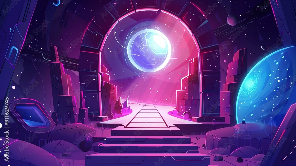 Cartoon teleport gate. Futuristic portal gate to another universe ...