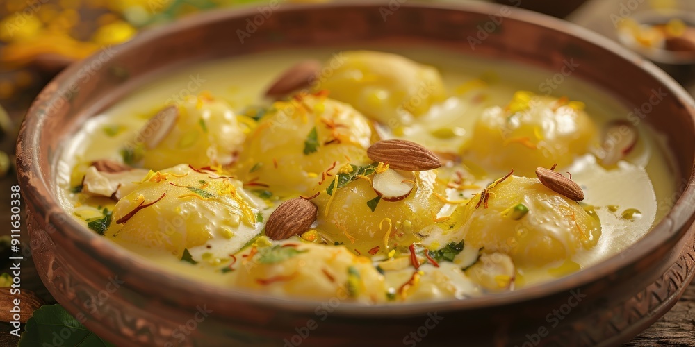Exquisite Indian dessert Rasmalai featuring tender cheese patties in a ...