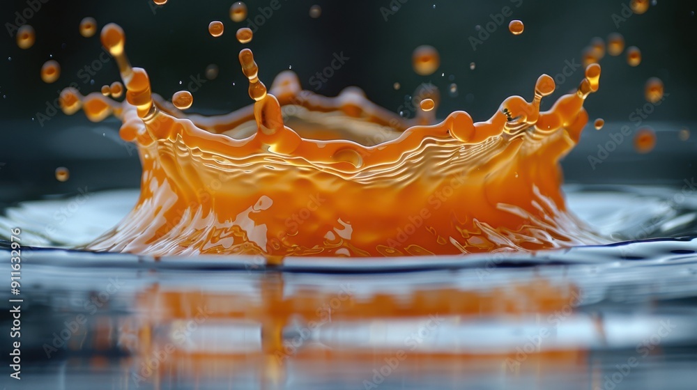 A vibrant, orange liquid splash captured at the moment of impact on a ...