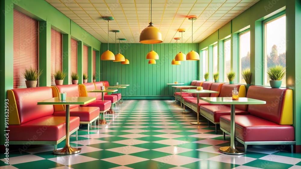Retro Diner Interior with Green Walls, Checkered Floor, and Booth ...