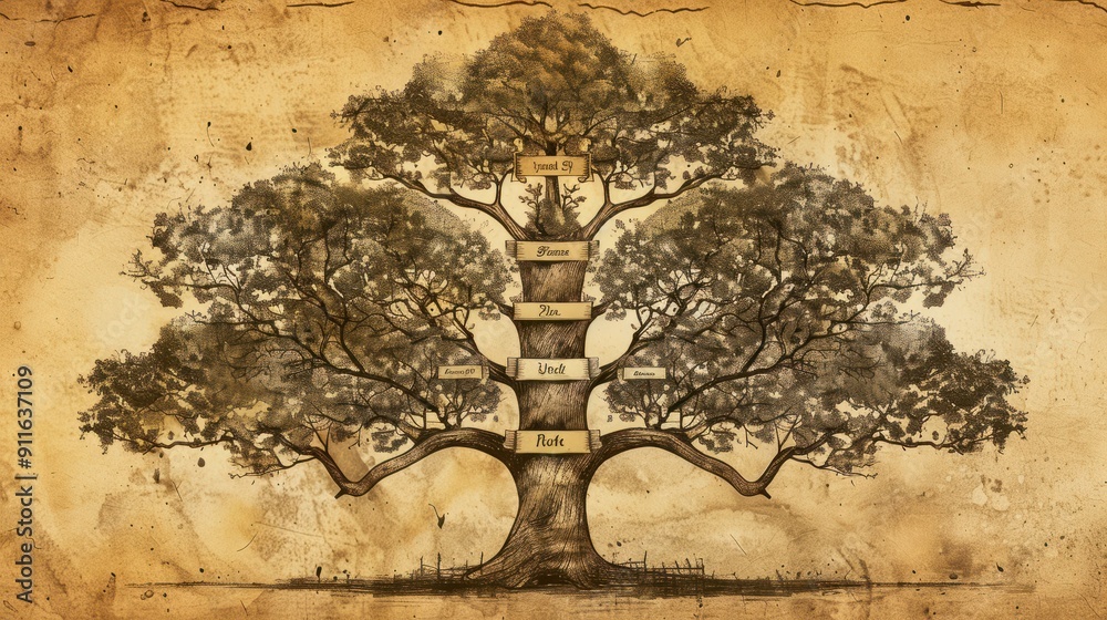 Vintage family tree illustration with multiple generations depicted ...