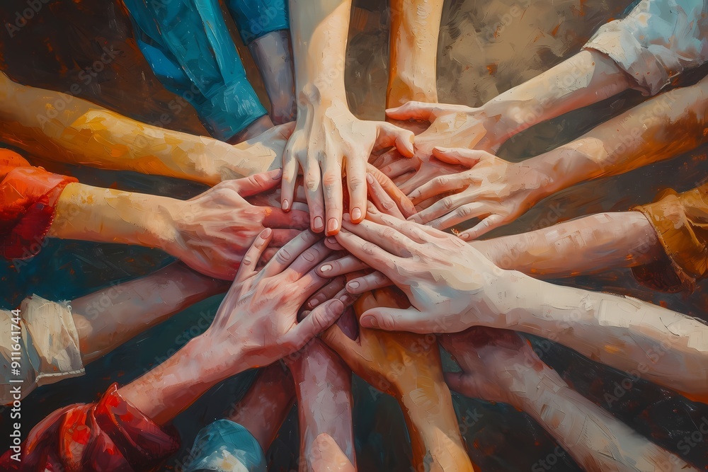 An artistic representation of diverse hands joining in unity ...