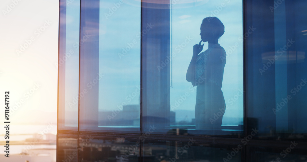 Silhouette, woman or thinking at window for business, reflection or ...
