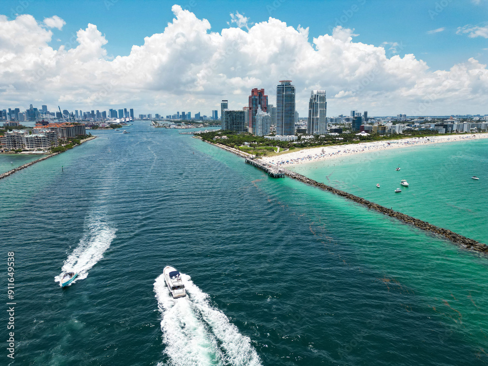 Miami Beach scene from drone, Florida, USA. Miami seaside. Aerial view ...