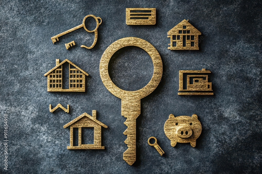 stylized key transforming into various real estate symbols house ...