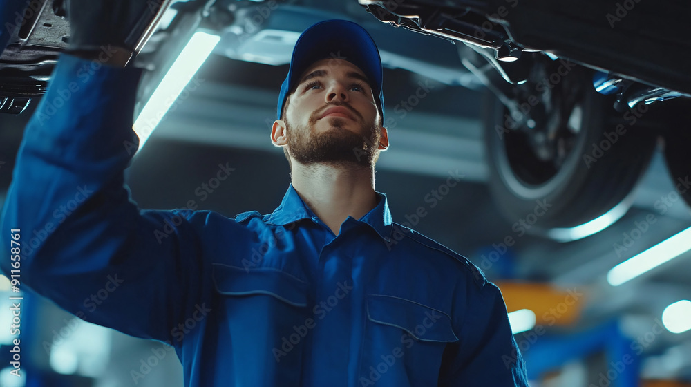 Car mechanic worker wearing a blue uniform and a cap, standing under ...