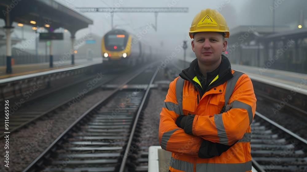 Railway worker in orange safety gear standing confidently on a foggy ...
