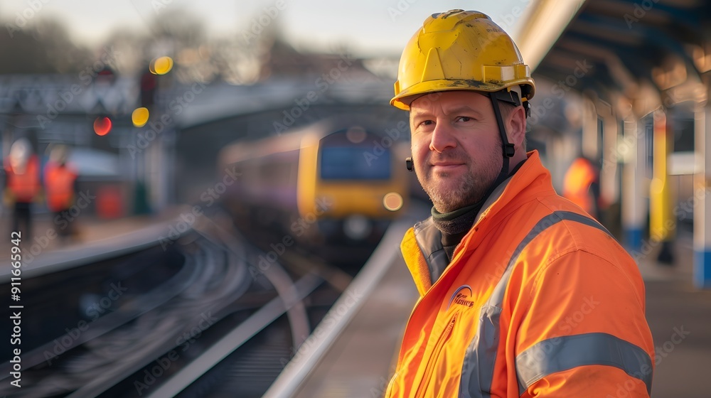 Railway worker in orange safety gear standing on a train platform with ...